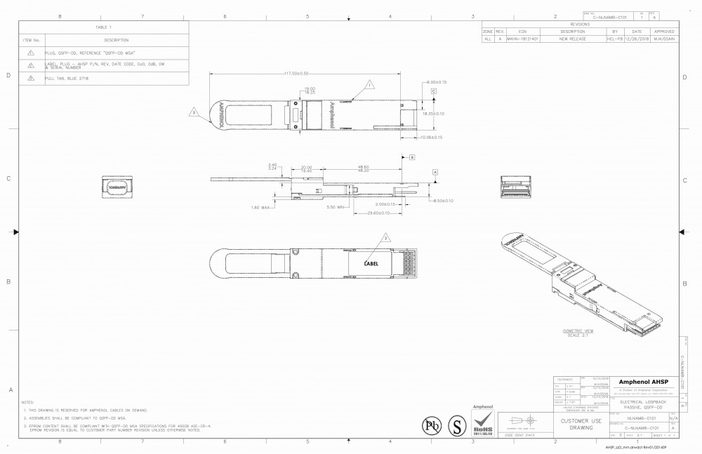 SF-NLNAMB0001-0001 QSFP-DD passive electrical loopback product drawing
