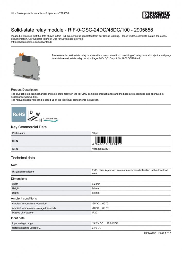 Phoenix Contact 2905658 technical document page 1