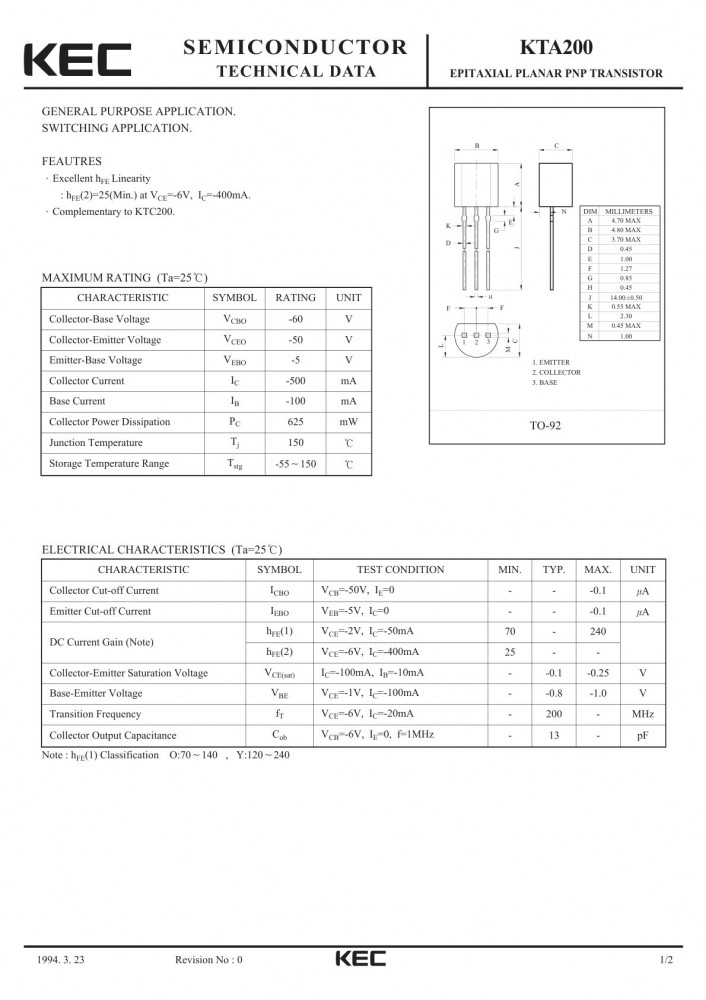 KEC KTA200-Y-AT/P datasheet page 1