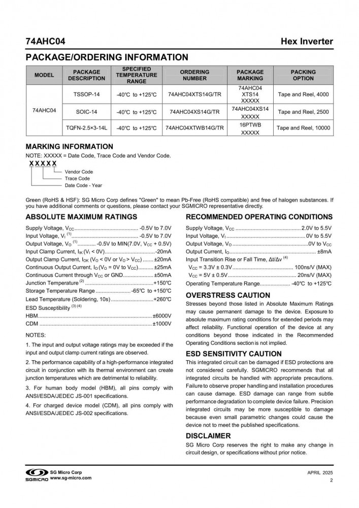 74AHC04 datasheet page 2
