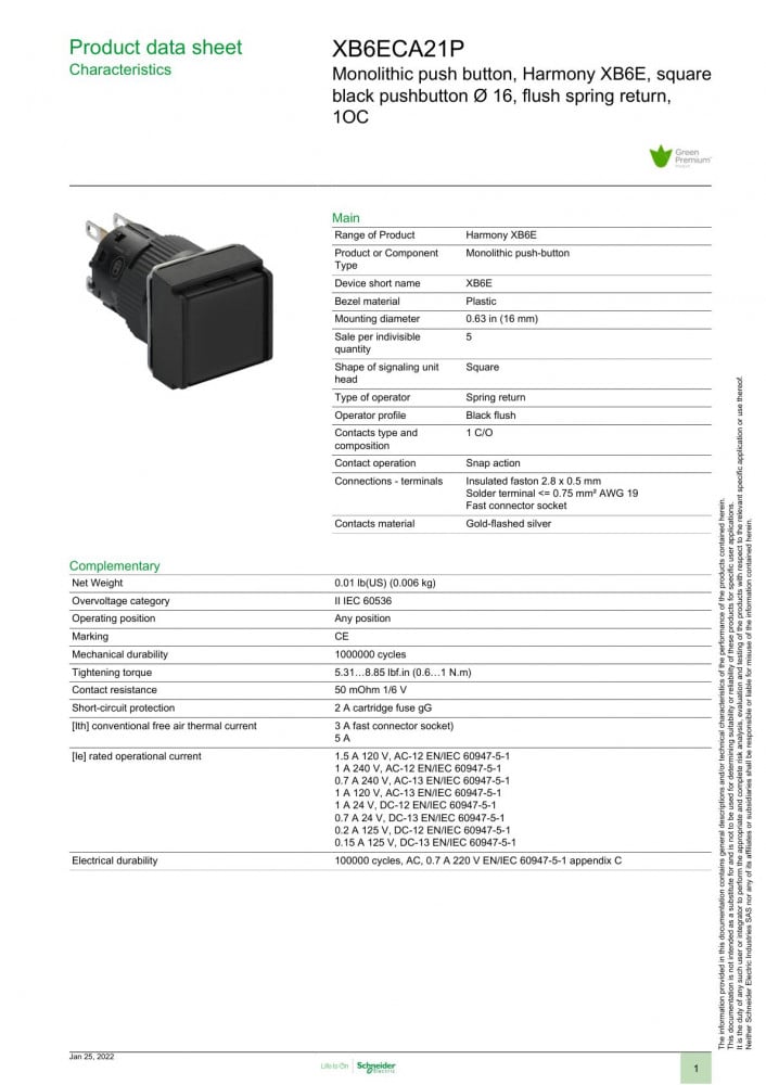 XB6ECA21P technical document page 1