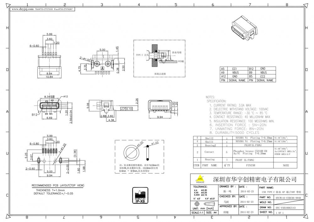HOAUC HYCW144-USBC06-994B technical drawing page 1
