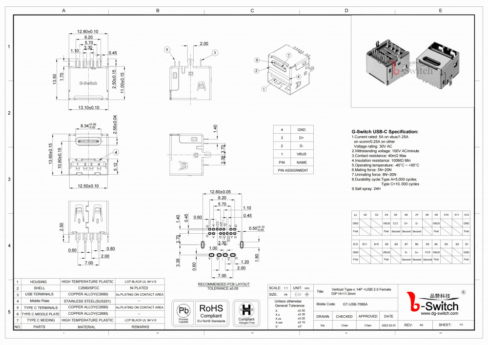 GT-USB-7066A technical drawing page 1