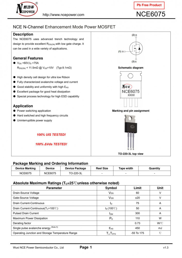 NCE6075 datasheet page 1
