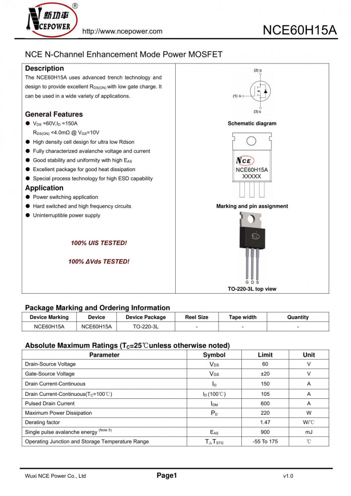 NCE60H15A datasheet page 1