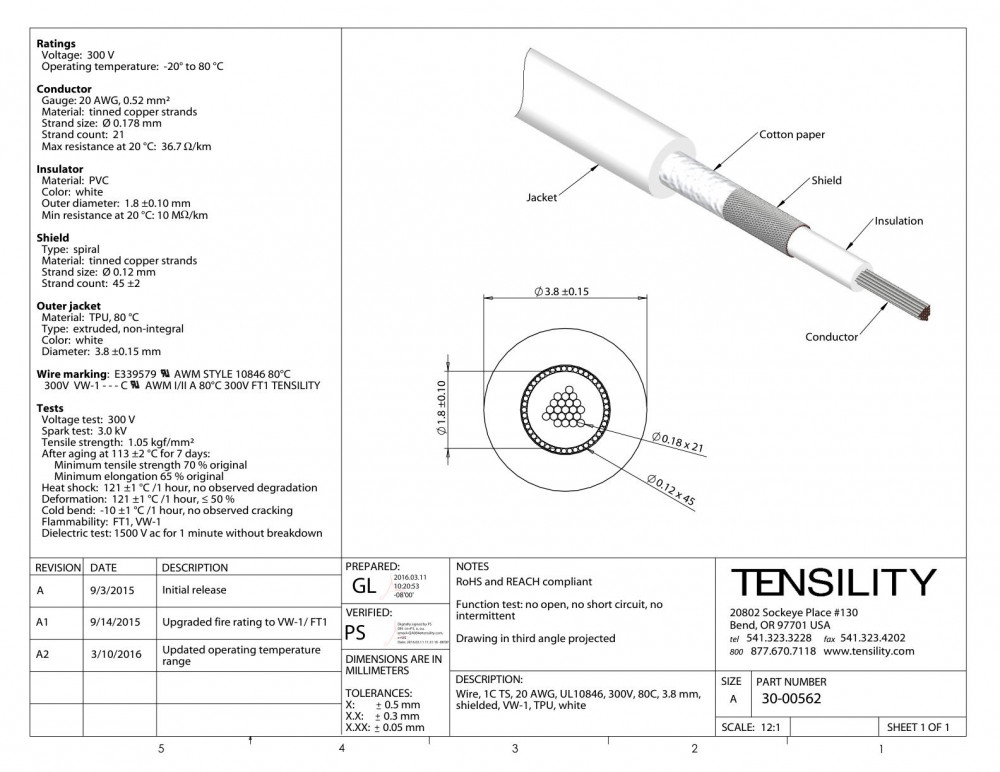 Tensility International 30-00562 wire drawing and specification page