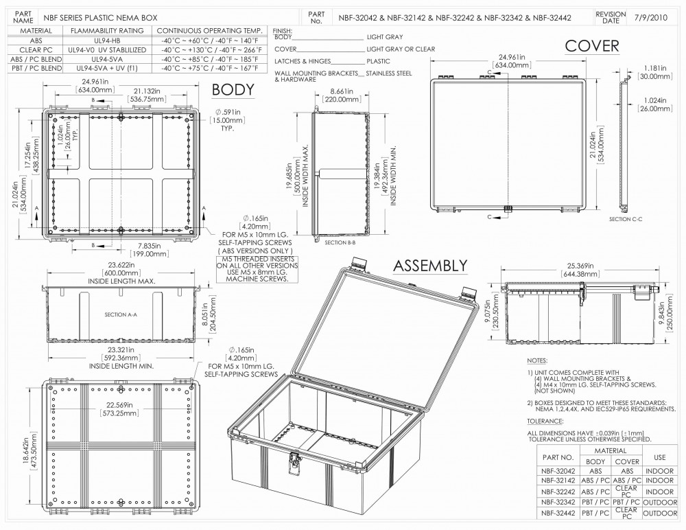 Bud Industries NBF series enclosure technical drawing, including NBF-32142 model information