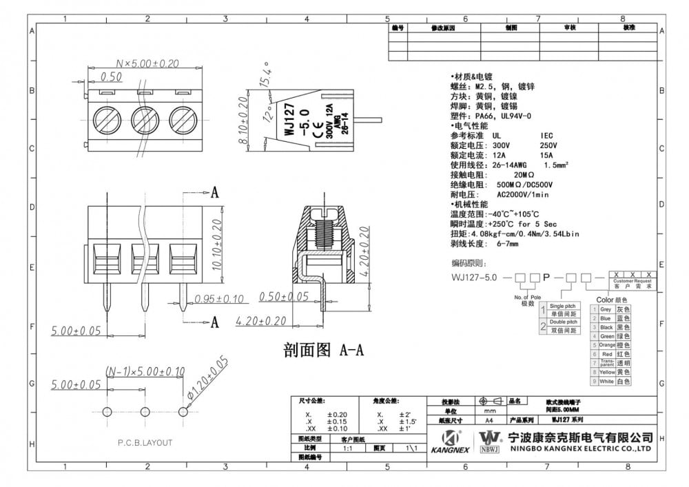 KANGNEX WJ127-5.0-06P-14-00A technical document page
