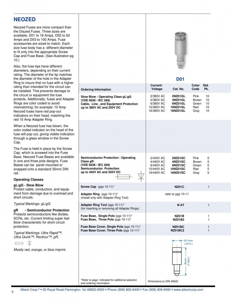 Altech Neozed product documentation page 1