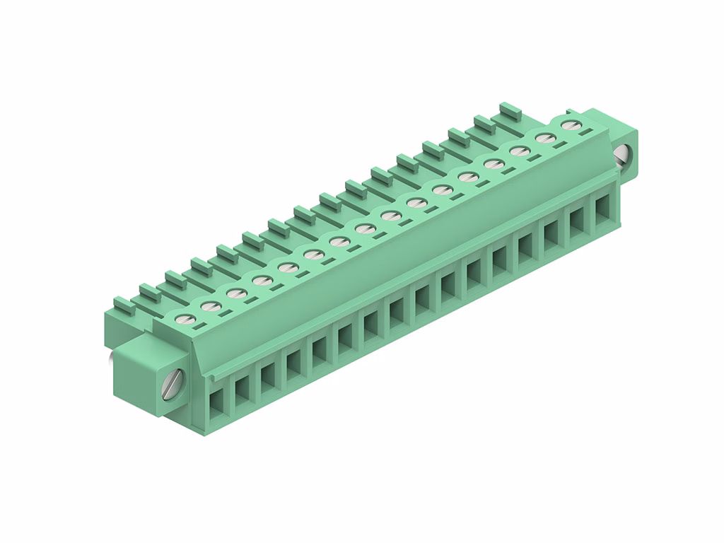 3.81mm Pitch Eurostyle Horizontal Plug, with Retention Screws, Green Housing, 18 Circuits