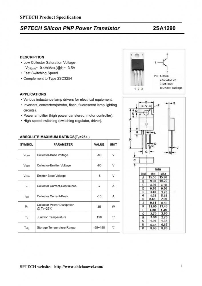 2SA1290 technical datasheet page 1