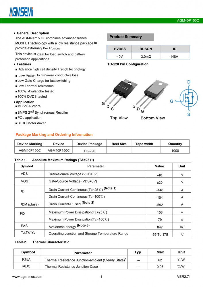 AGM40P150C datasheet page 1