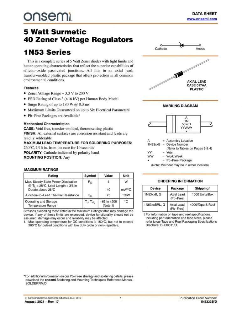 onsemi 1N53 Series datasheet page 1