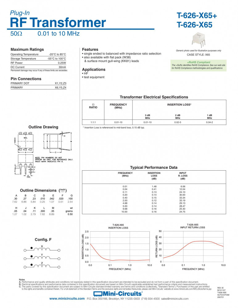 Mini-Circuits T-626-X65+ technical datasheet page