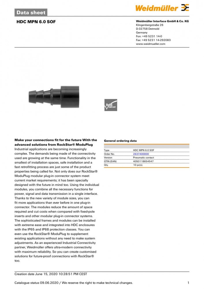 WEIDMULLER 2637400000 technical document page 1