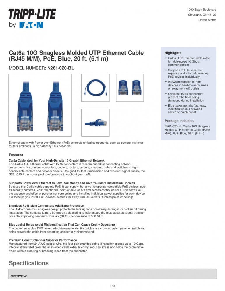 EATON N261-020-BL technical document page 1