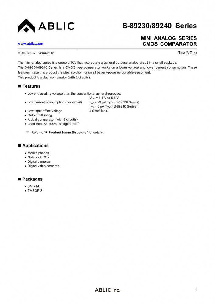 ABLIC S-89230 and S-89240 datasheet page 1