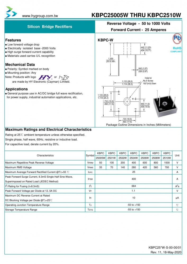 KBPC2510W technical document page 1