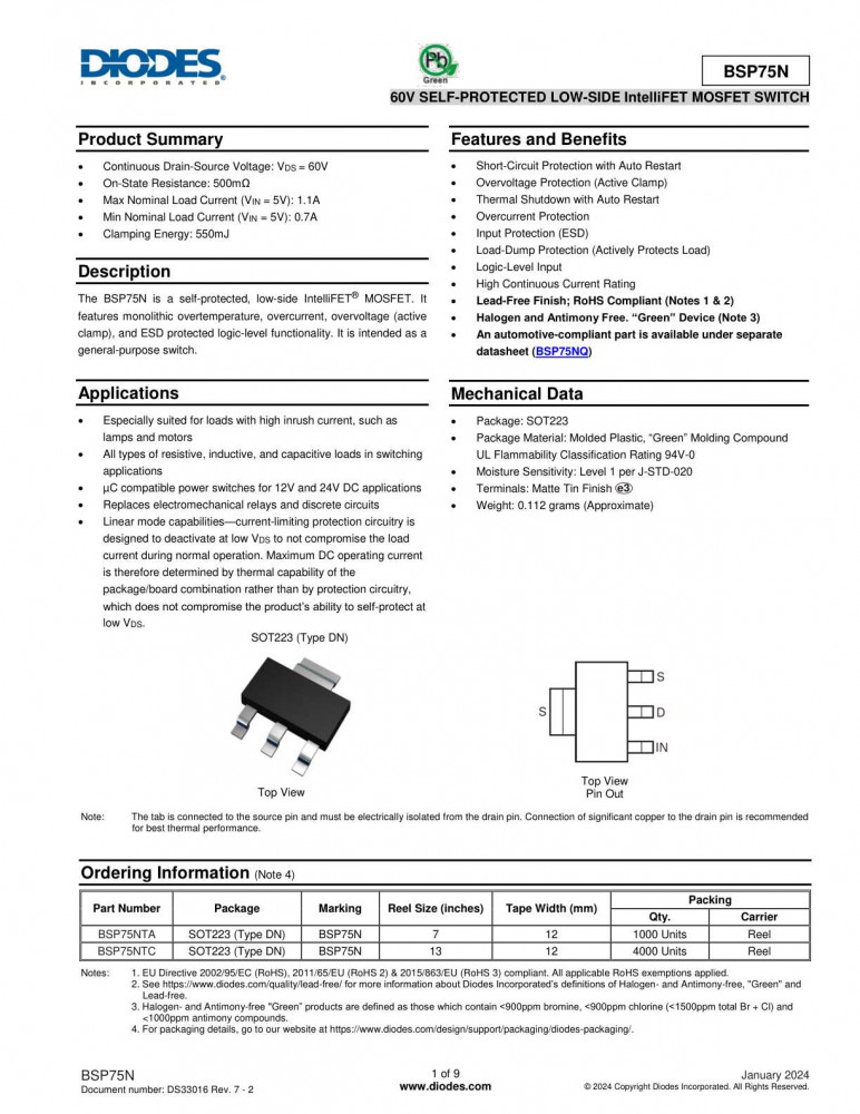 BSP75NTA datasheet page 1