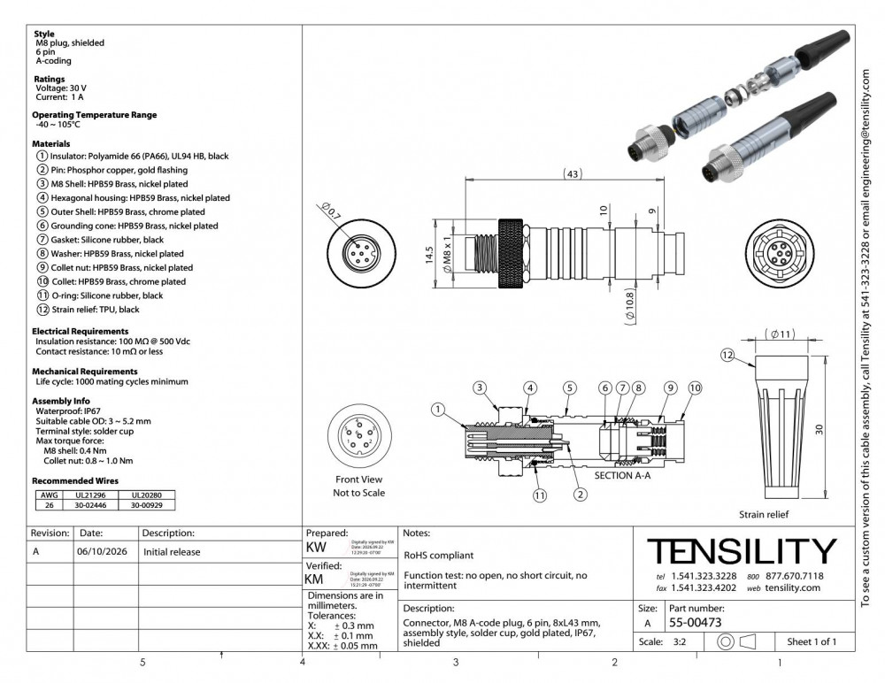 Tensility 55-00473 M8 A-coded 6-pin plug product drawing