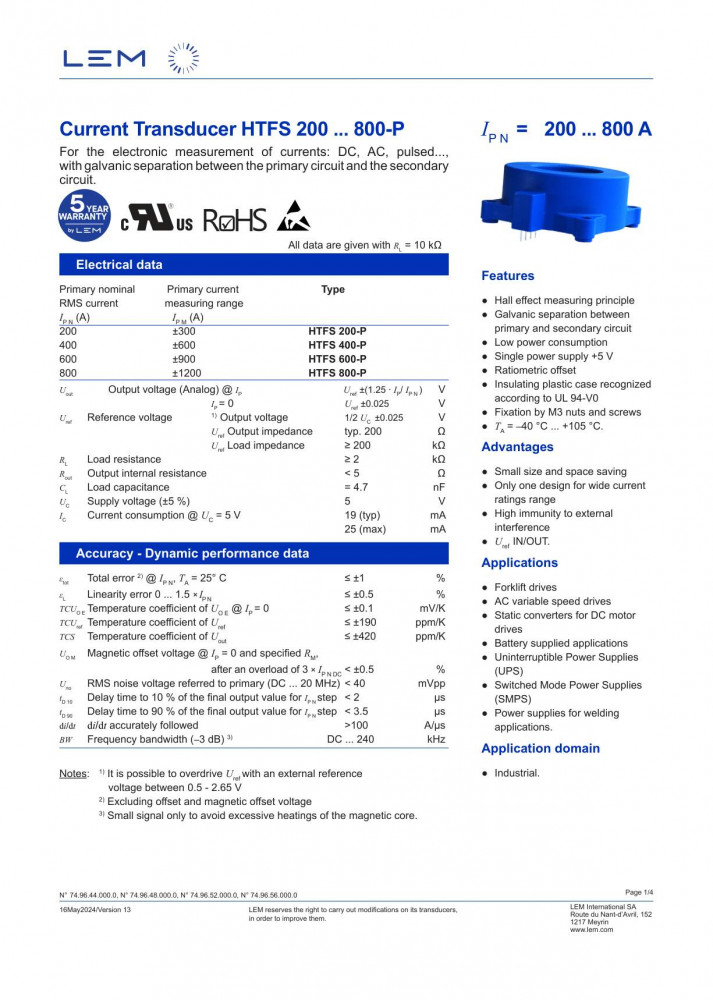 LEM HTFS 600-P datasheet page 1