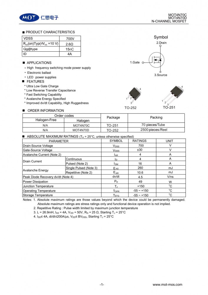 MOT4N70D datasheet page 1