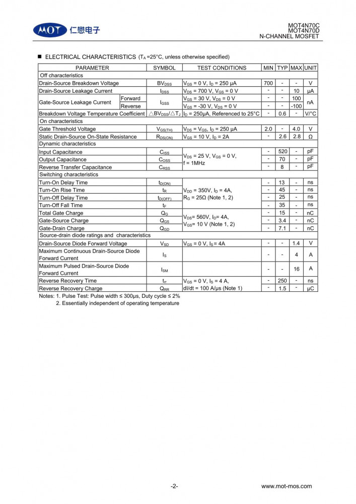 MOT4N70D datasheet page 2