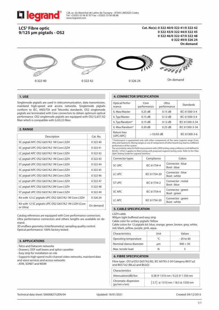Legrand LCS³ OS2 fibre-optic pigtail technical document preview
