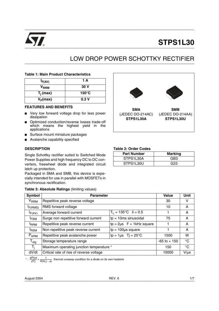STPS1L30A datasheet page 1