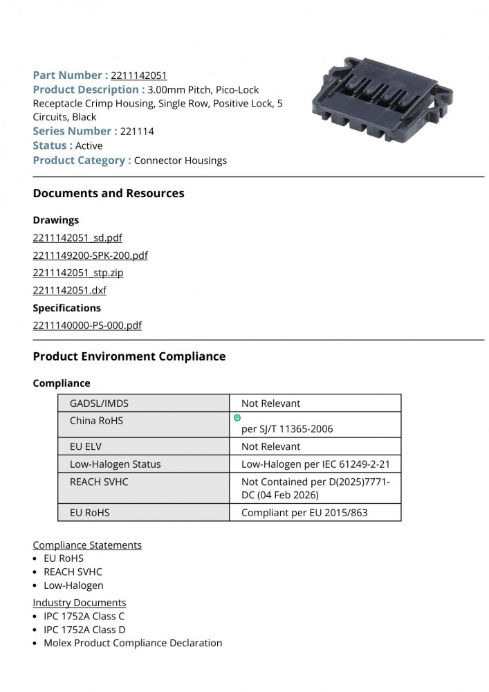 Molex 2211142051 technical document preview, page 1