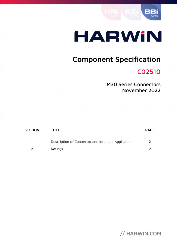 Harwin M30 Series connector specification page 1