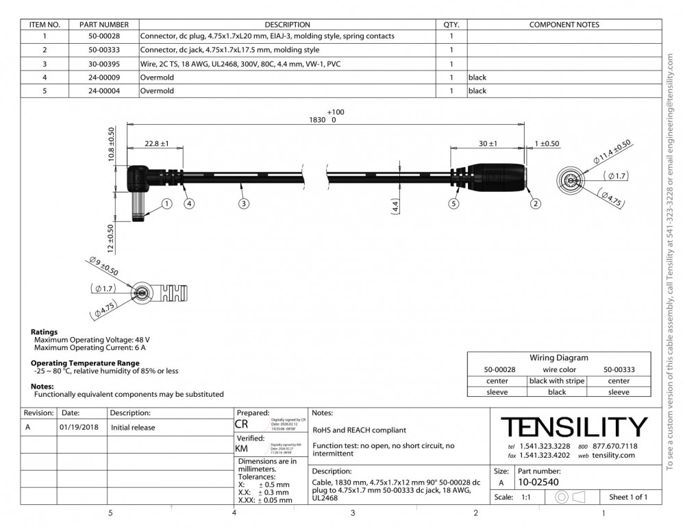 Tensility International 10-02540 cable assembly technical drawing