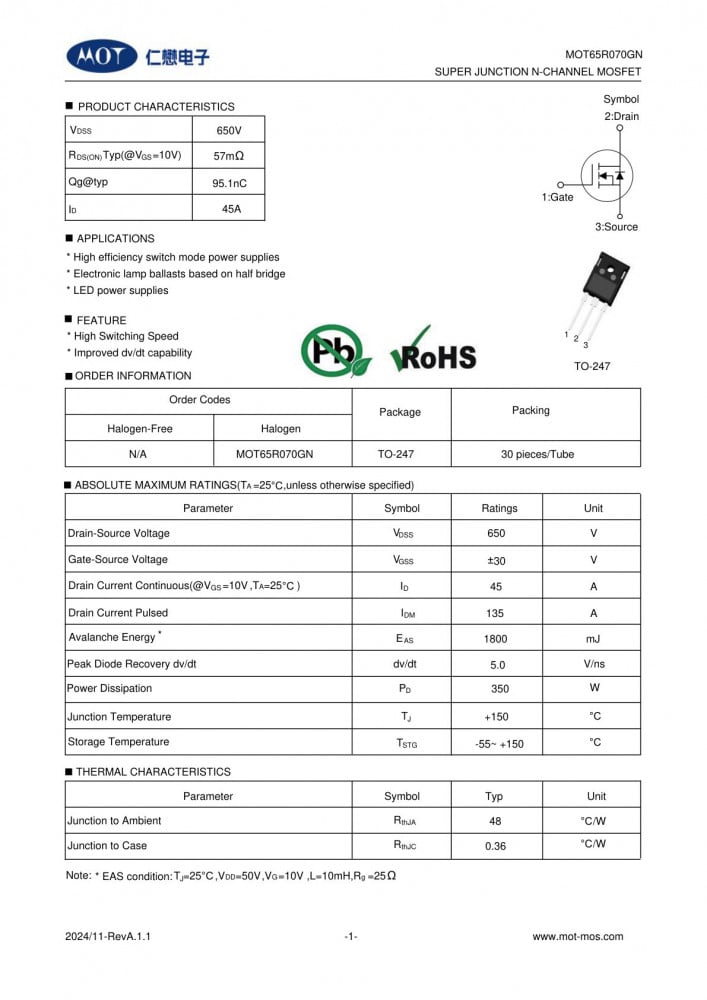 MOT65R070GN datasheet page 1