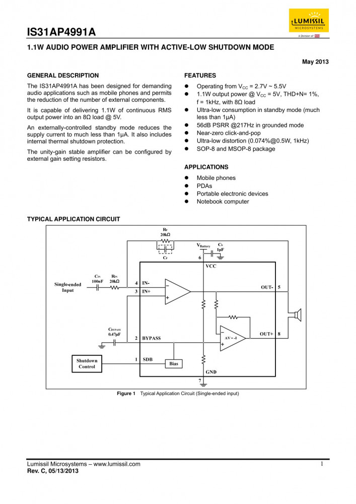 IS31AP4991A-SLS2-TR datasheet page 1