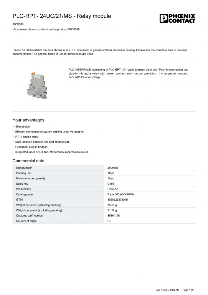 Phoenix Contact 2909668 technical document page 1