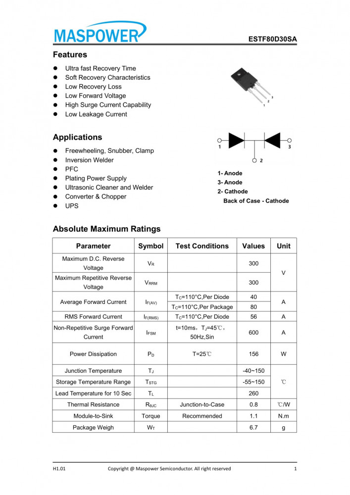 ESTF80D30SA datasheet page 1