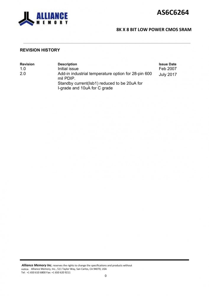 AS6C6264 datasheet page 1