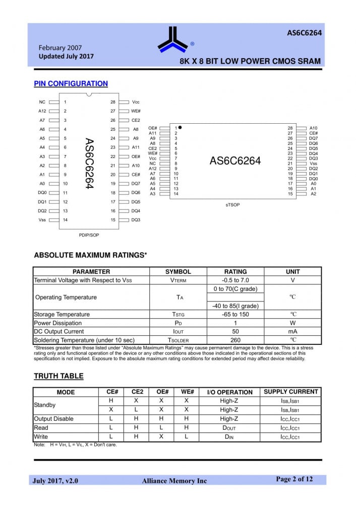 AS6C6264 datasheet page 3