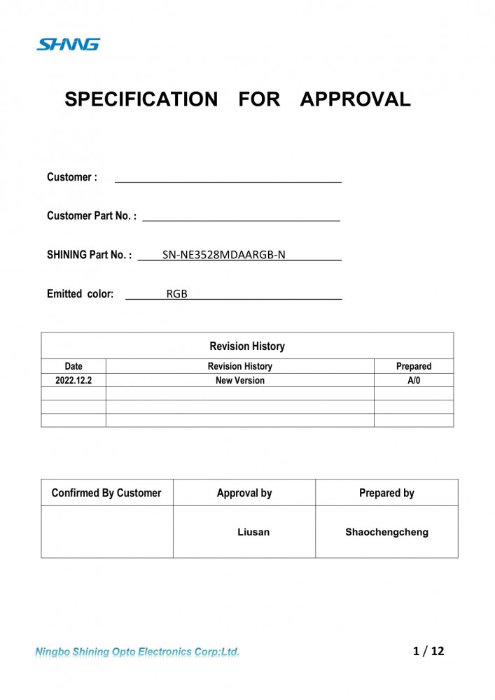 SN-NE3528MDAARGB-N specification page 1