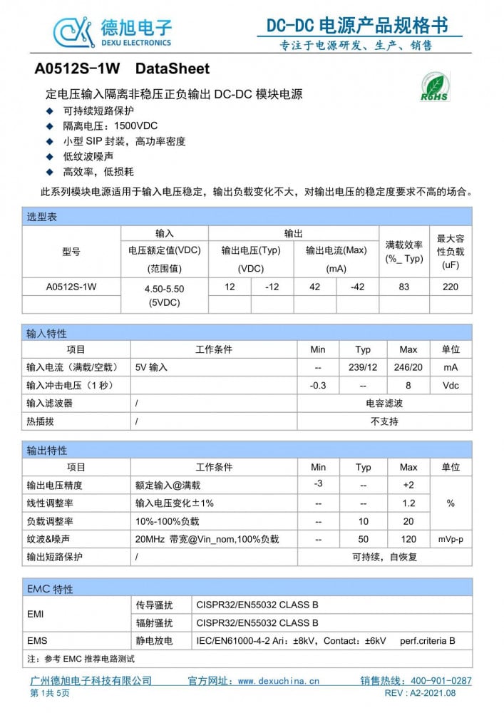 A0512S-1W datasheet page 1