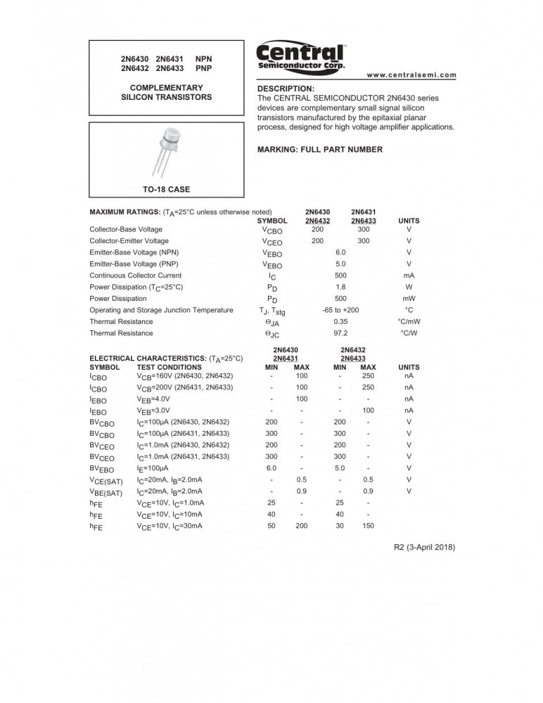 Central 2N6431 datasheet page 1