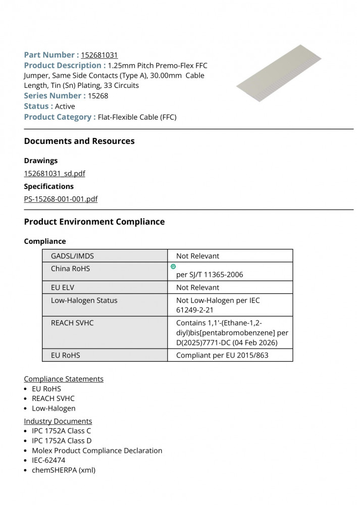 Molex FFC family specification, document page 1