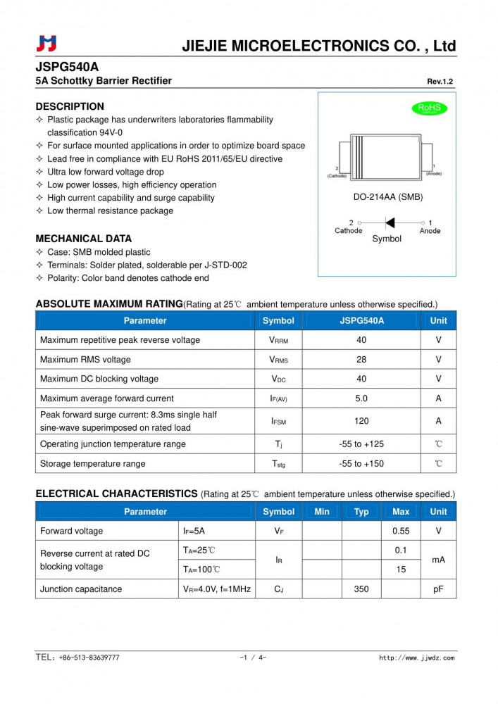 JSPG540A datasheet page 1