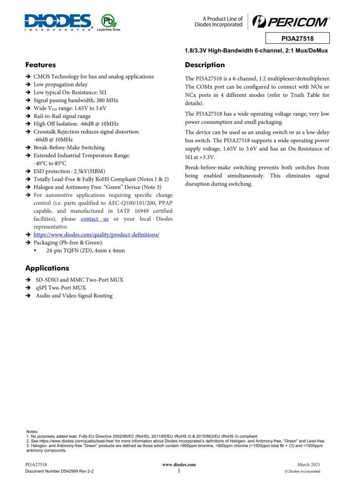 PI3A27518 datasheet page 1