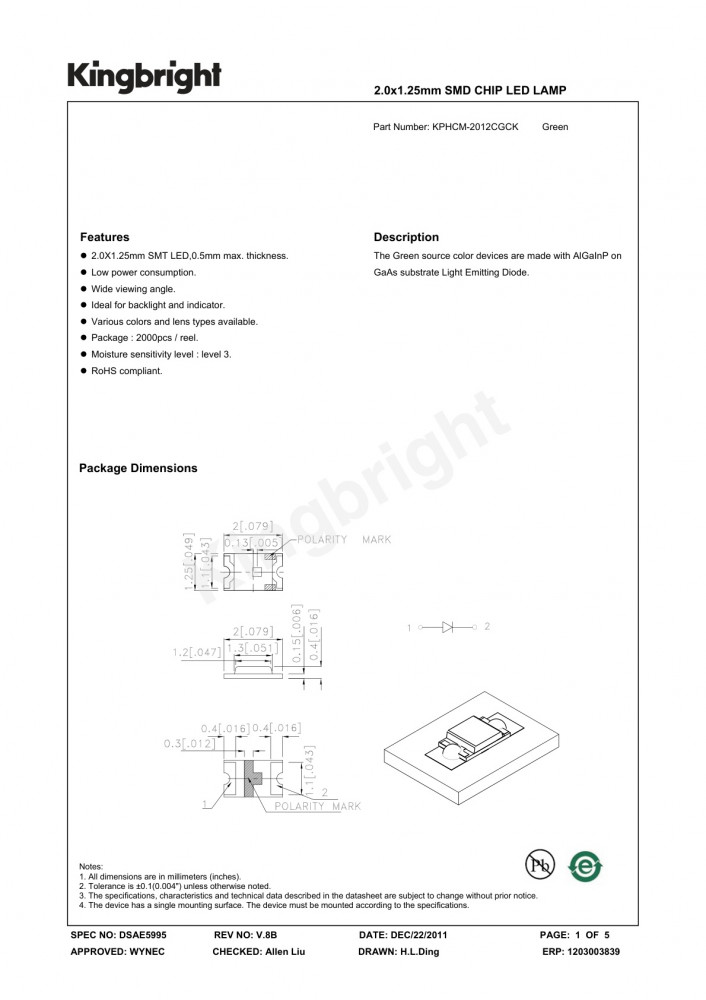 KPHCM-2012CGCK datasheet page 1
