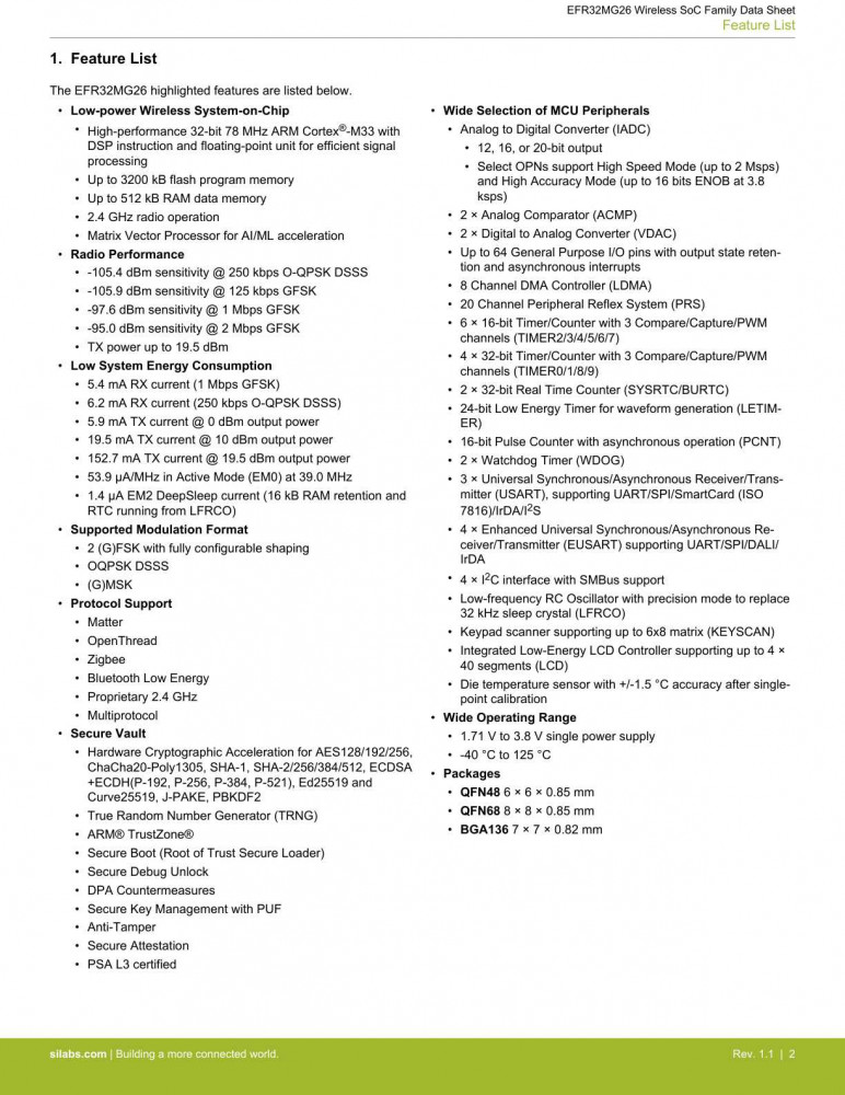 EFR32MG26 datasheet preview, page 2