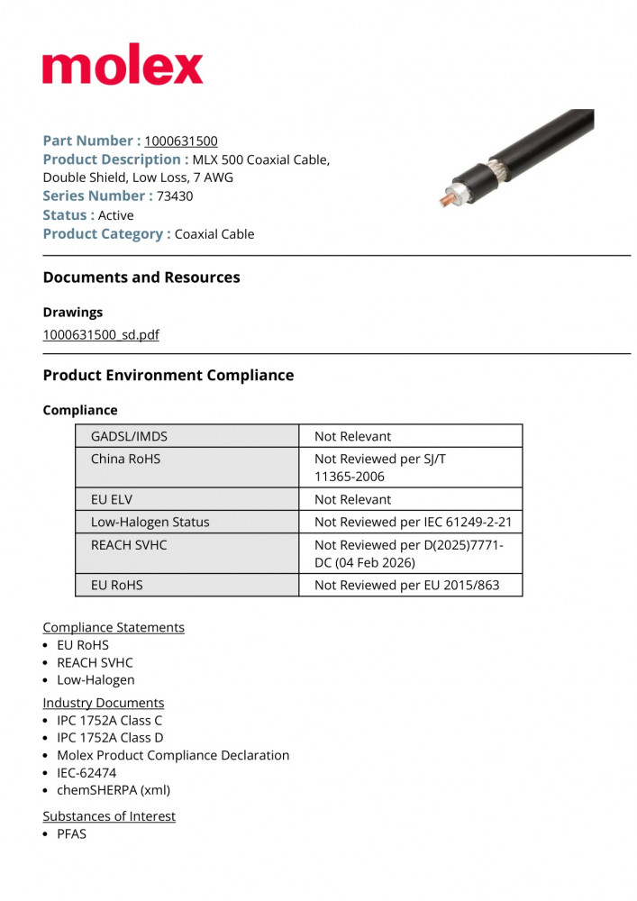 MOLEX 1000631500 technical document page 1