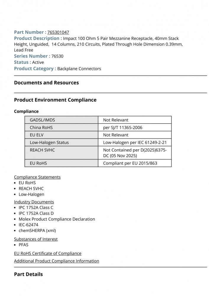 Molex 765301047 product document, page 1
