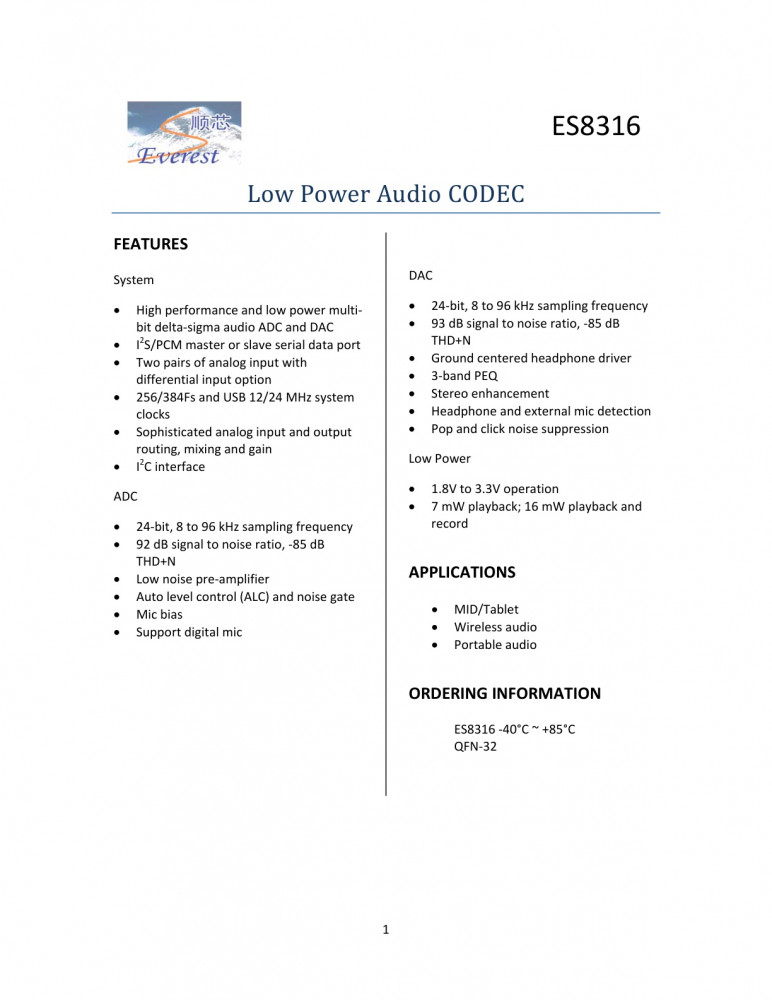 ES8316 datasheet page 1