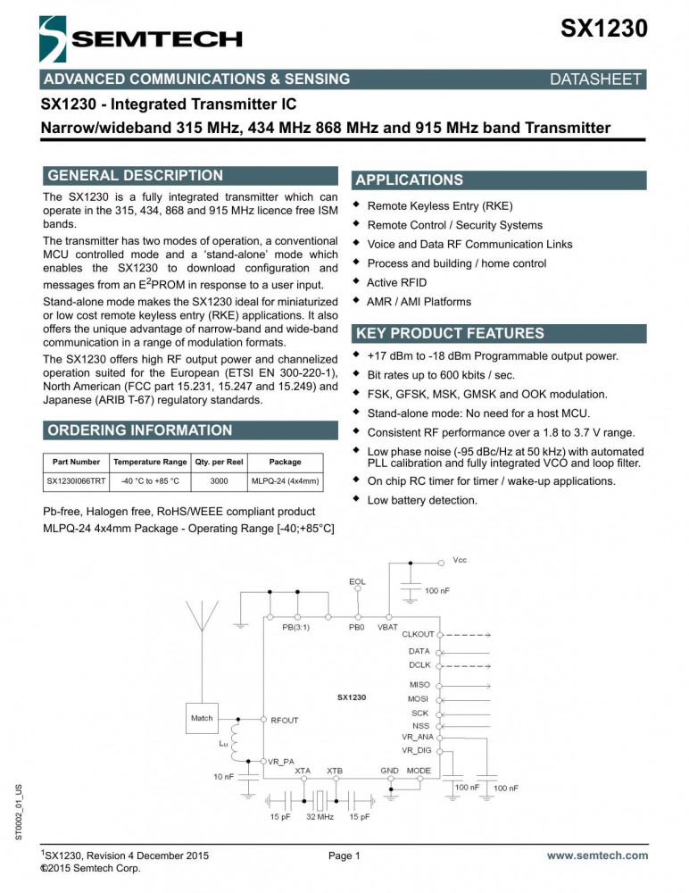 SX1230 datasheet page 1